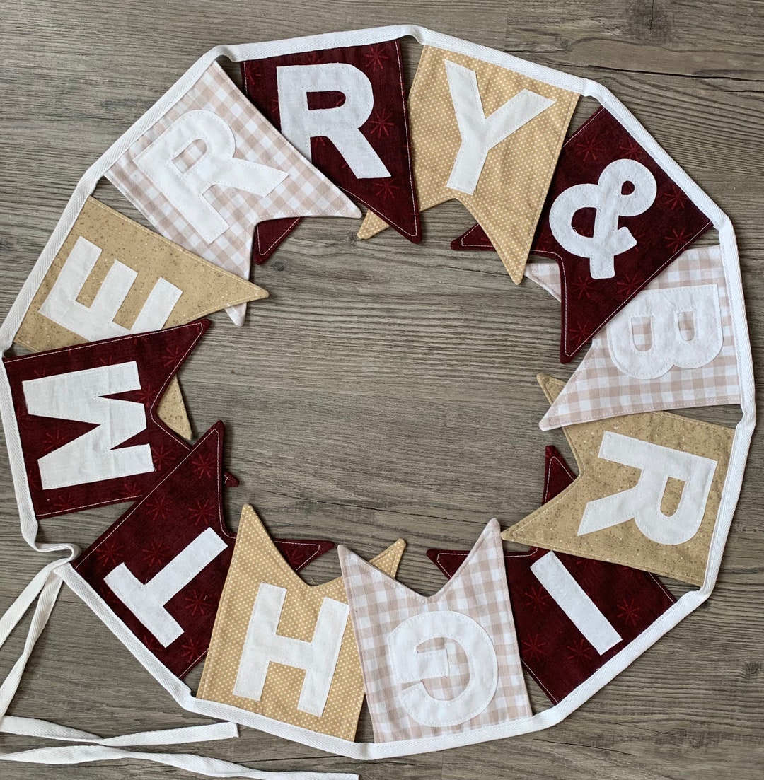 READY TO SHIP Merry & Bright Banner, Fabric Holiday Bunting, Christmas ...