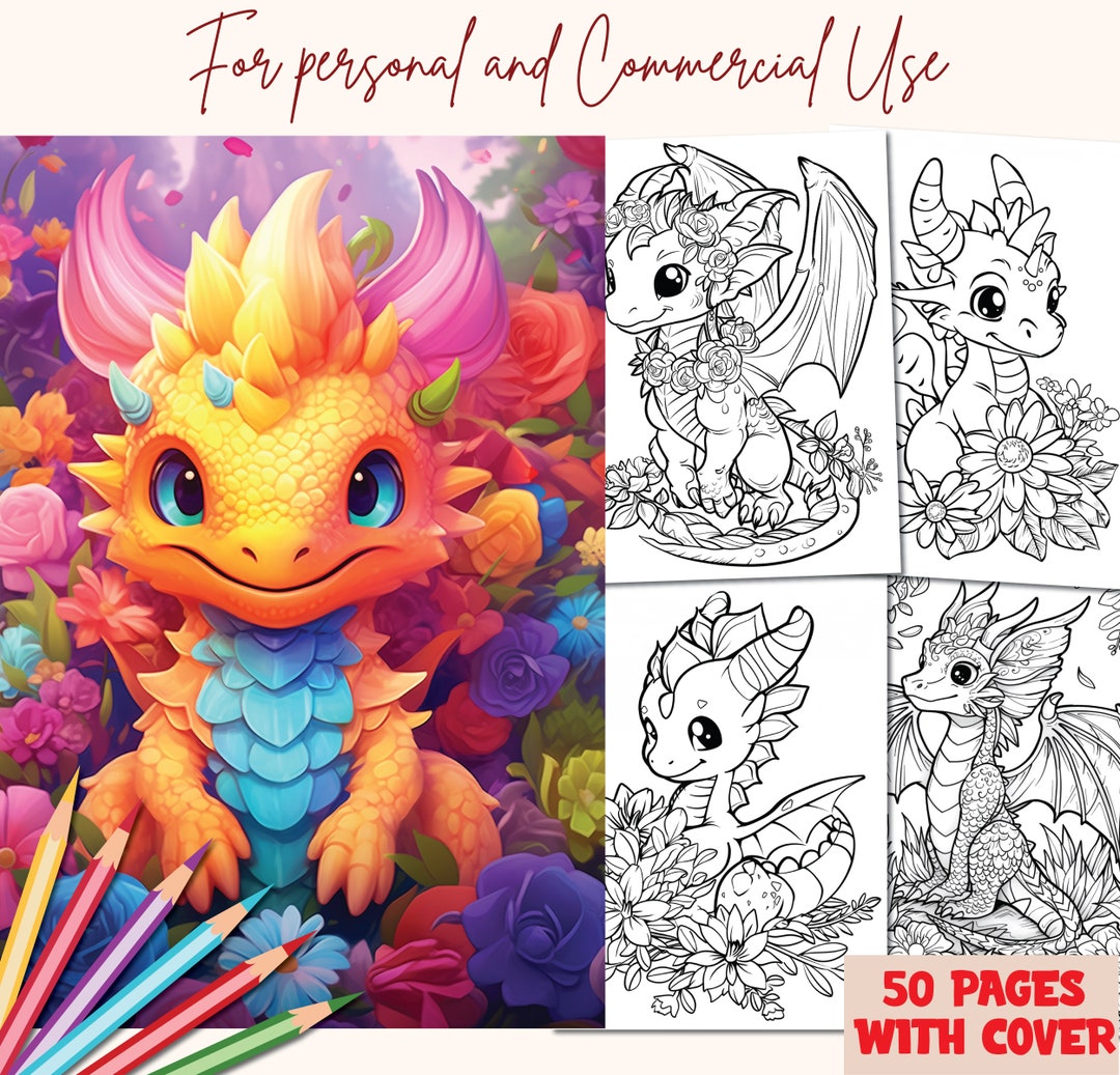 Cute Chibi Baby Dragon Coloring Pages for Kids and Adults, Dinosaur ...