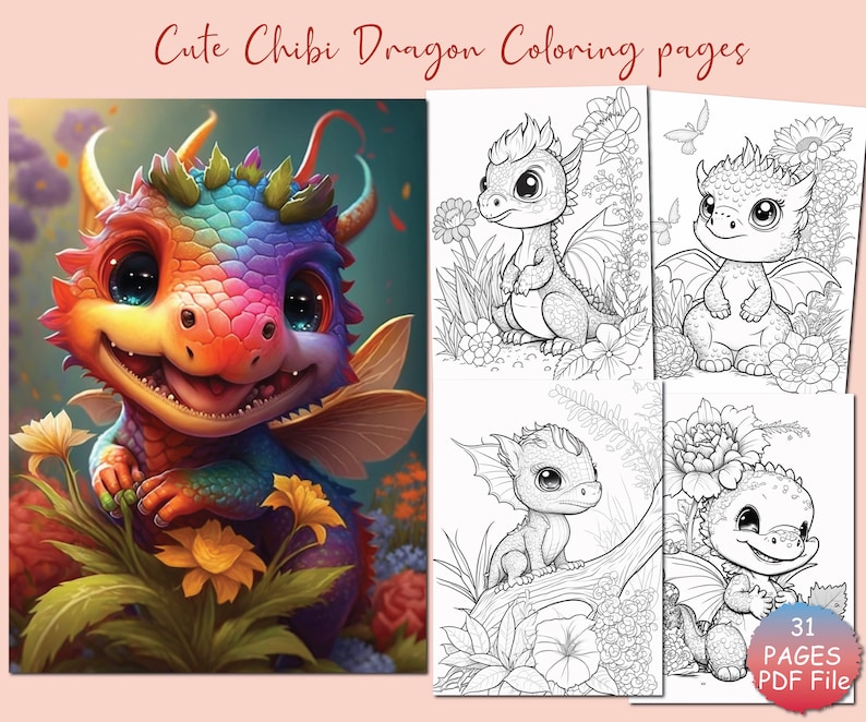 Cute Chibi Baby Dragon Coloring Pages for Kids and Adults, Dinosaur ...