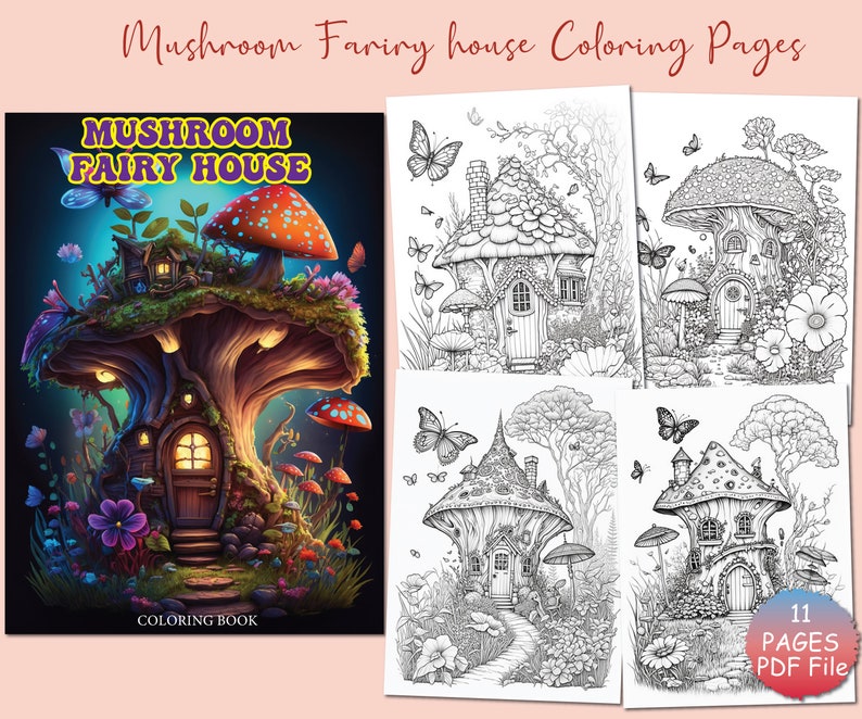 Mushroom Fairy House Coloring Pages Printable Fantasy - Etsy