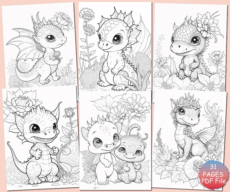 Cute Chibi Baby Dragon Coloring Pages for Kids and Adults, Dinosaur ...