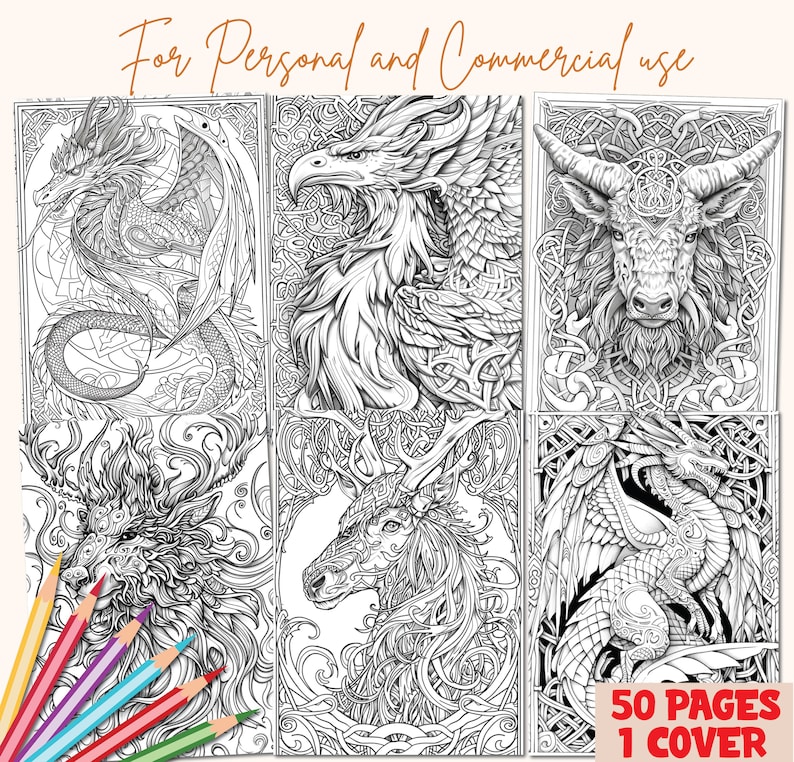 Printable Mythical Creatures Coloring Pages for Adults, Magical, Mandala, Grayscale Fantasy, KDP ...
