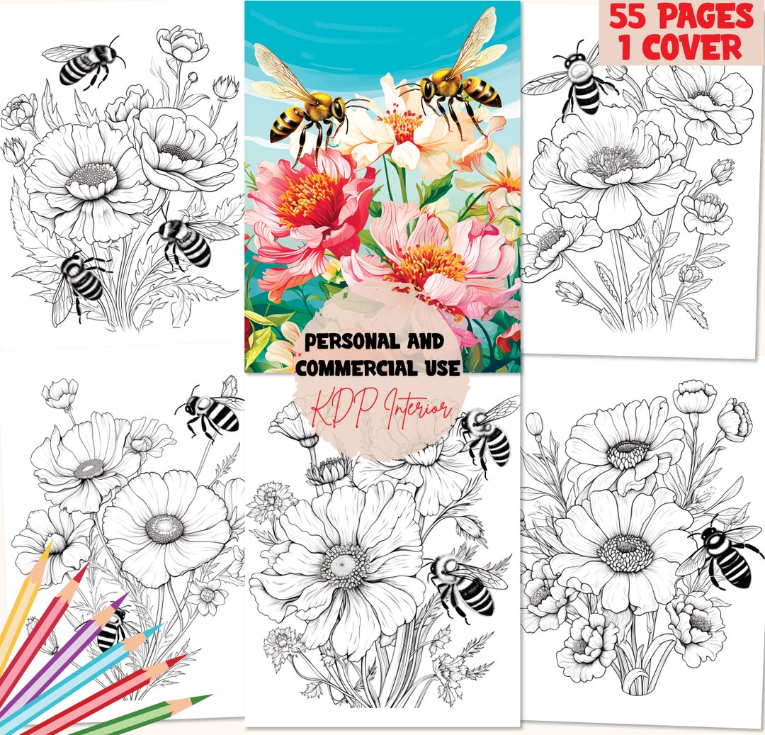 Printable Flowers With Bee,flowers Coloring Pages for Kids and Adults ...