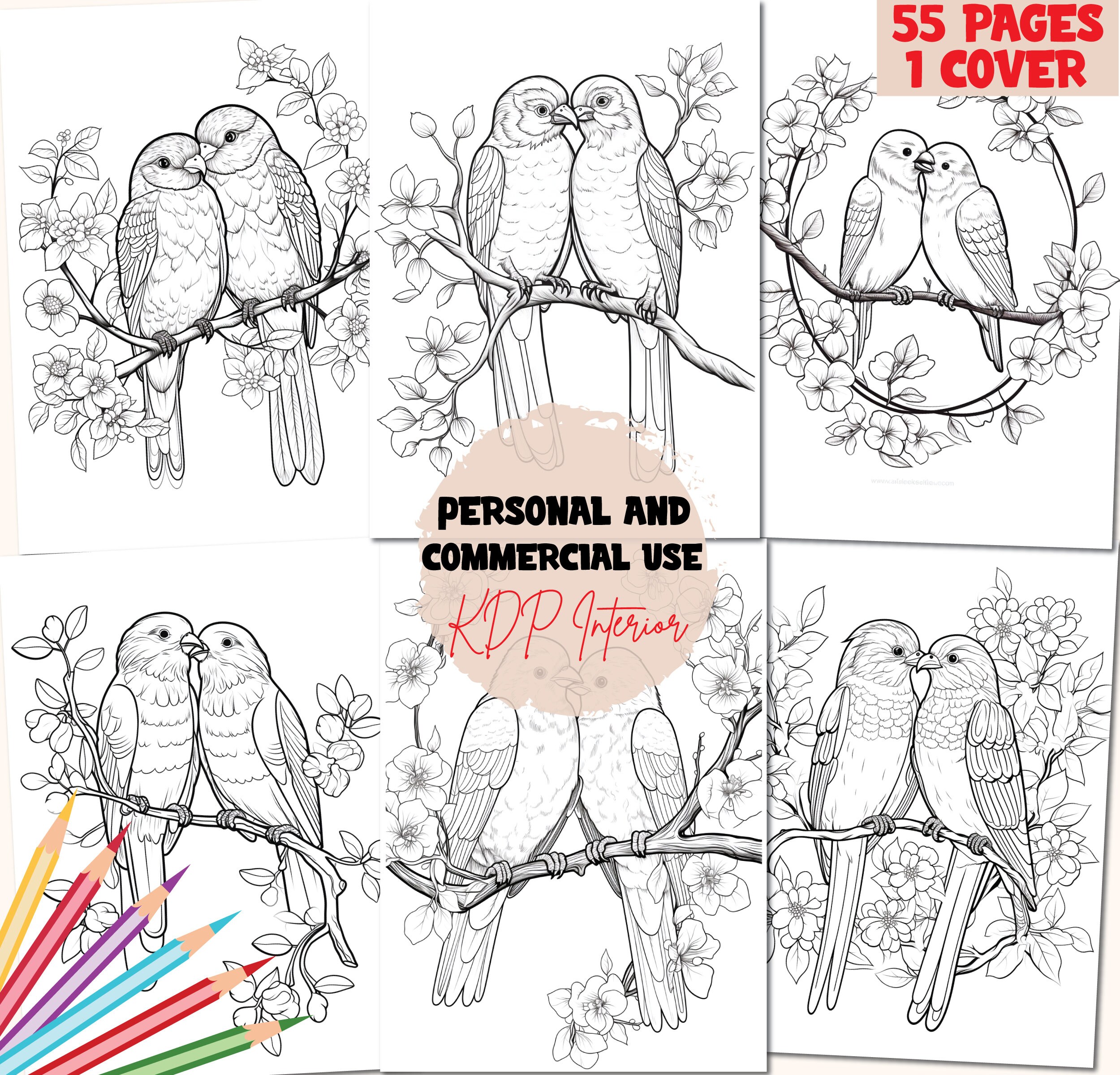 Printable Love Birds Coloring Pages for Kids and Adults, Birds, KDP ...