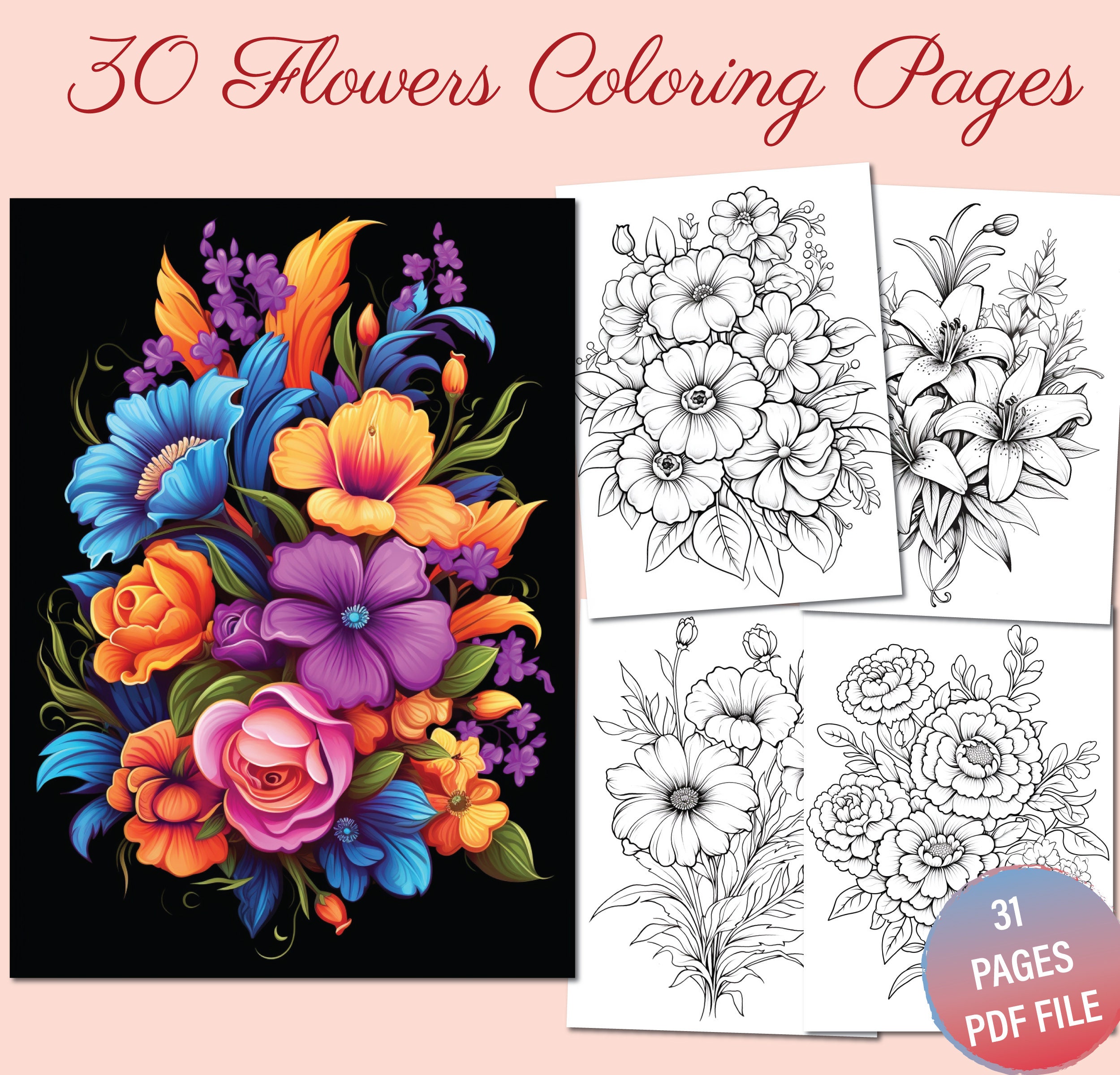 Printable Flowers Coloring Pages for Adults and Kids, Floral Coloring ...