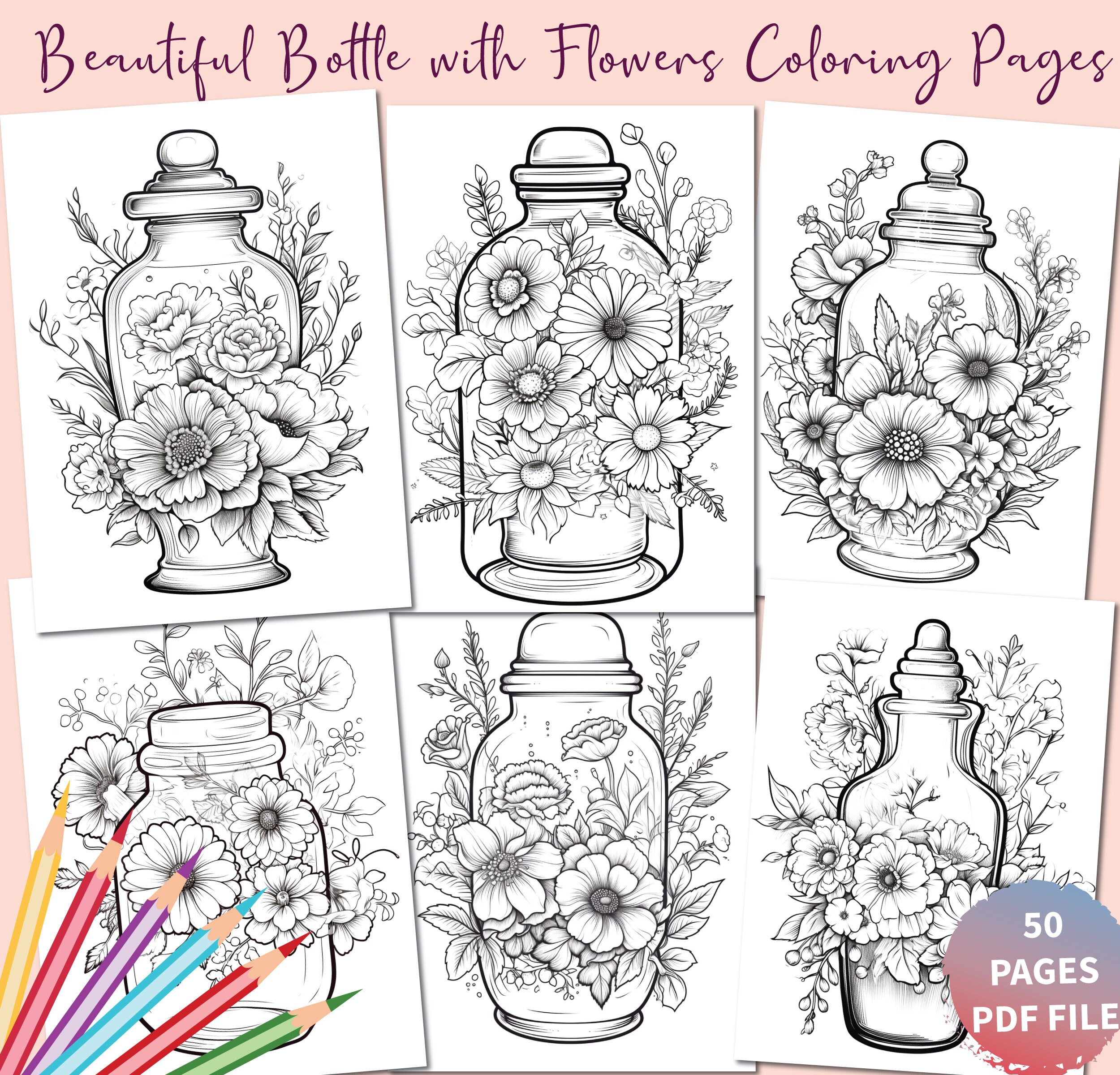 Printable Bottle Flowers Coloring Pages for Adults and Kids, Floral ...