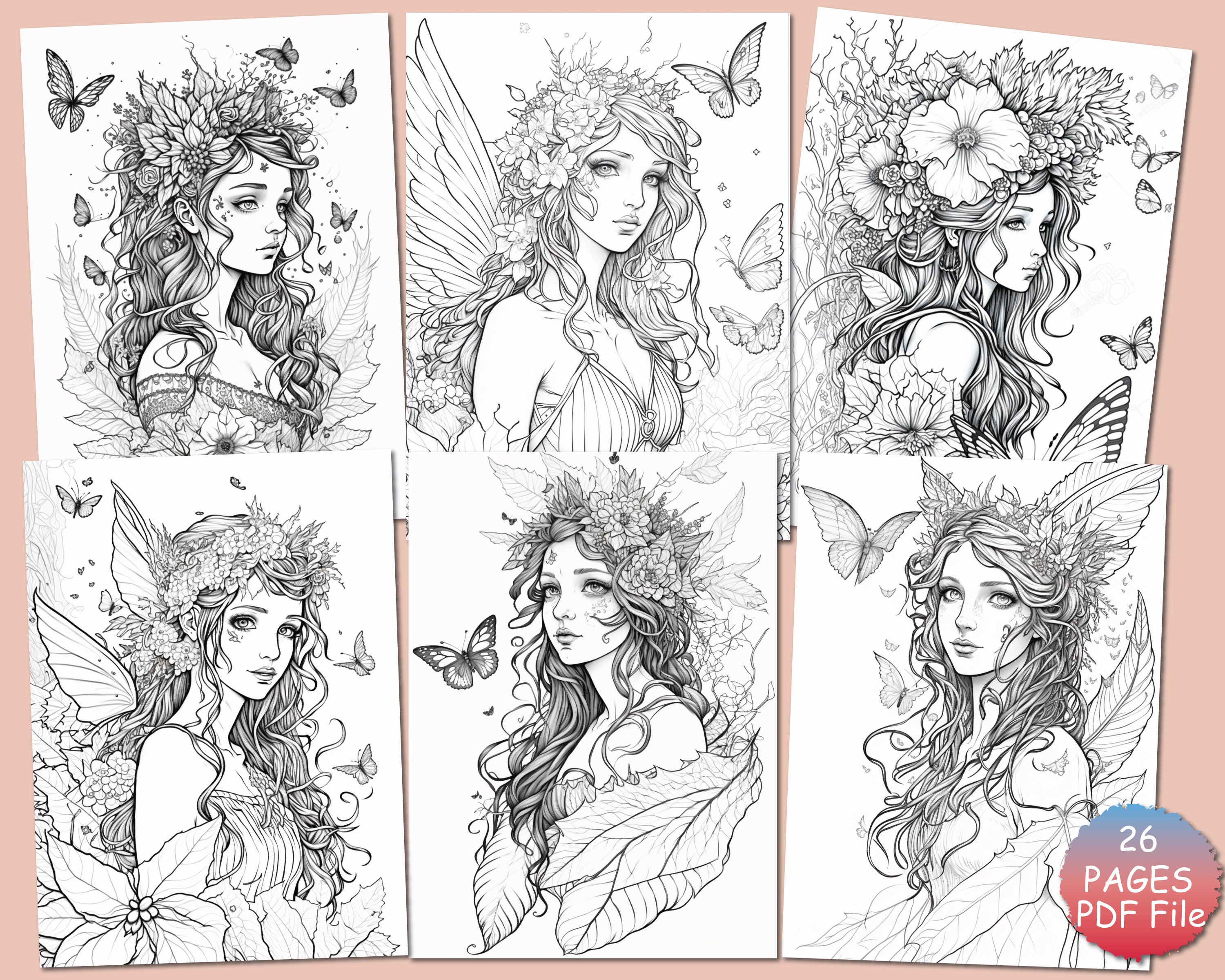 Fairy Fantasy Coloring Pages for Adults, Beautiful Woman With Flowers ...