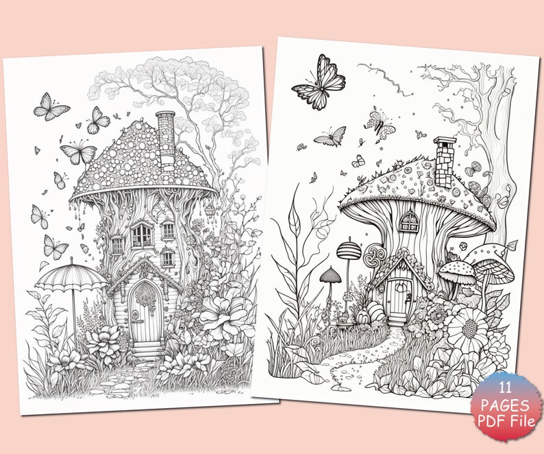 Mushroom Fairy House Coloring Pages Printable Fantasy - Etsy