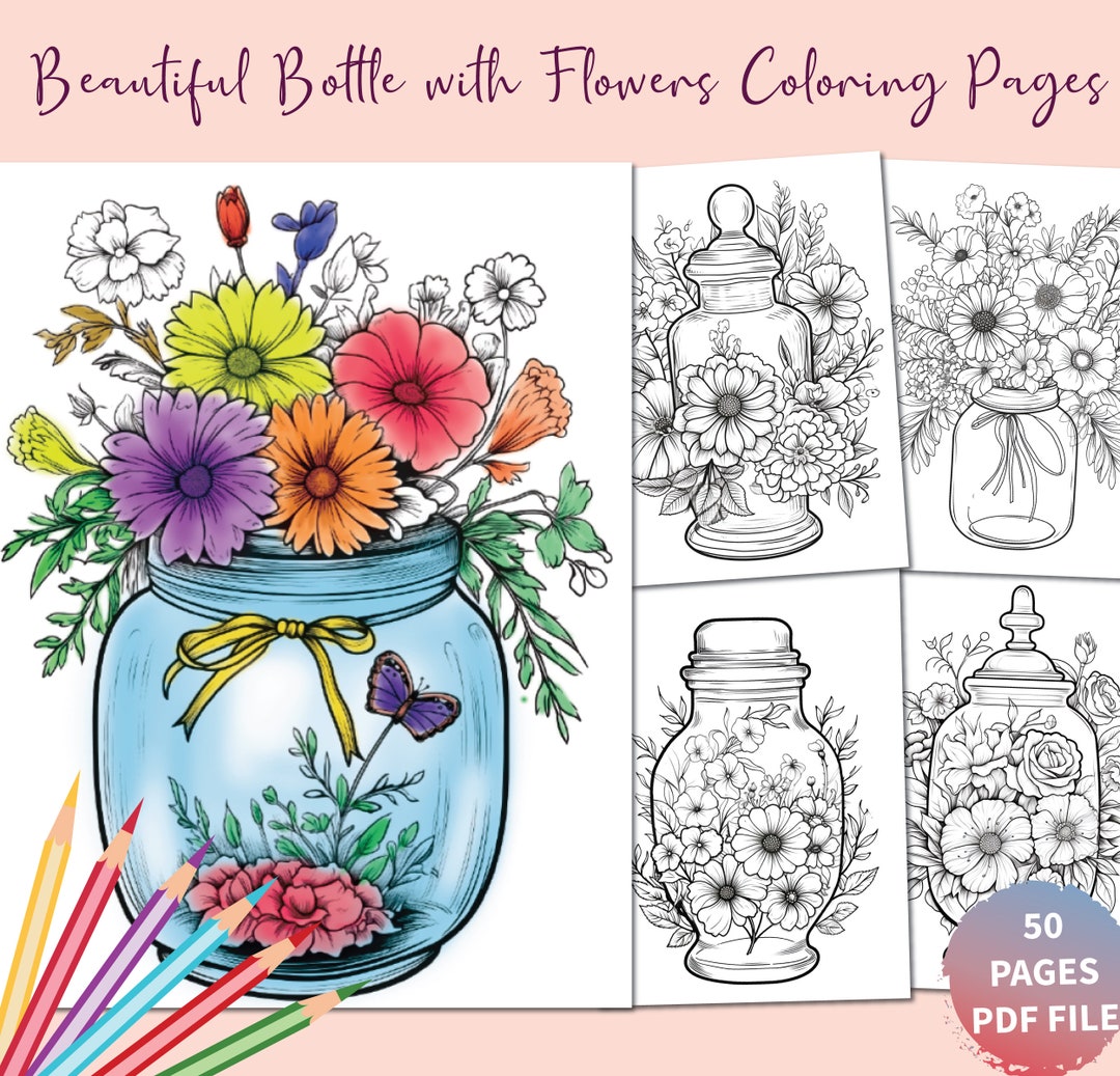 Printable Bottle Flowers Coloring Pages for Adults and Kids, Floral ...