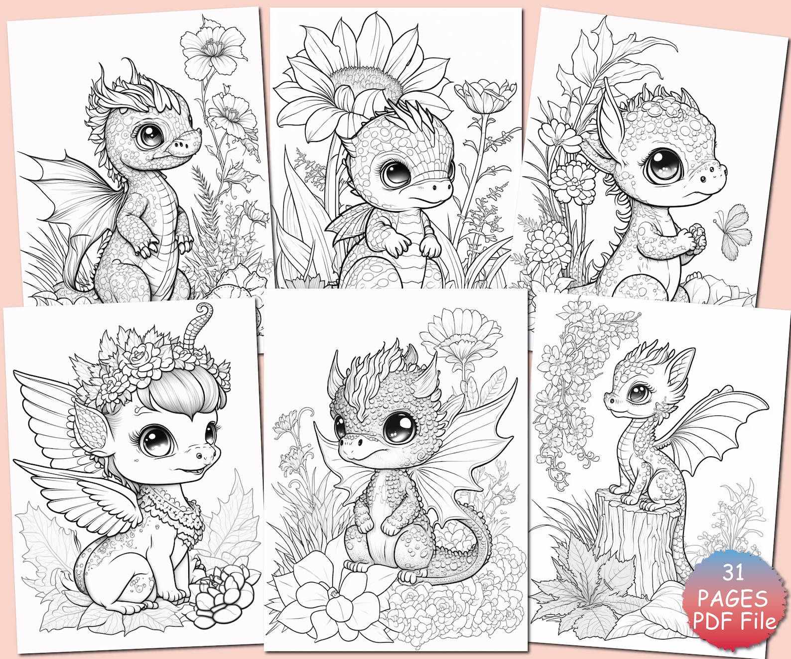Cute Chibi Baby Dragon Coloring Pages for Kids and Adults, Dinosaur ...