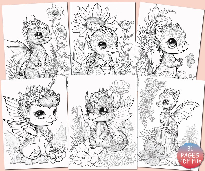 Cute Chibi Baby Dragon Coloring Pages for Kids and Adults, Dinosaur ...