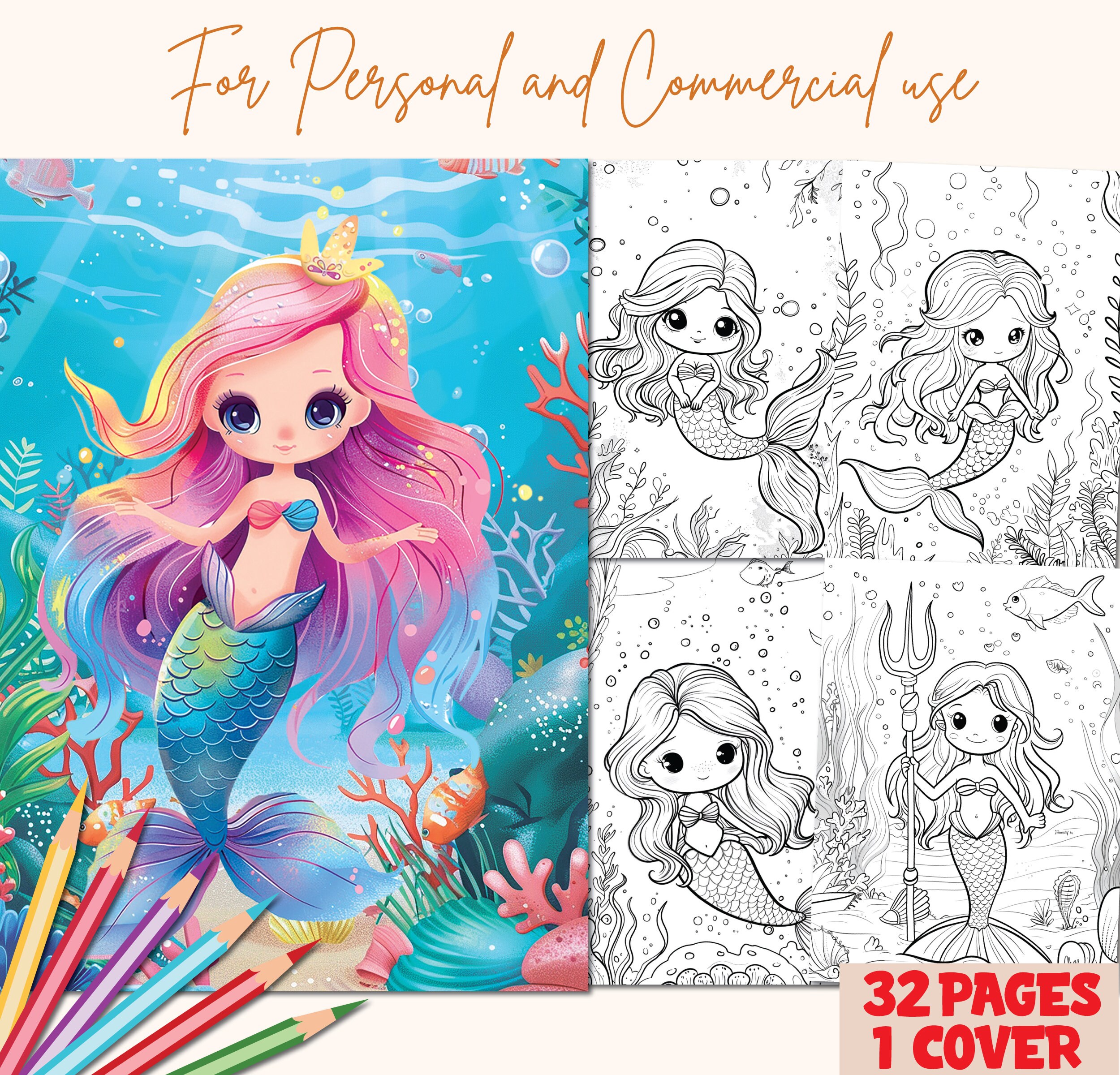 Printable Cute Chibi Mermaids Coloring Pages for Kids and Adults ...