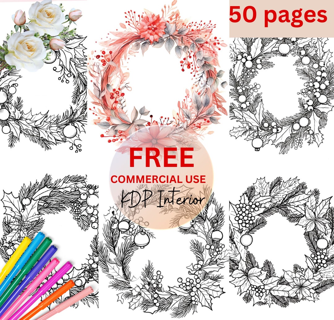 Printable Christmas Garland Coloring Pages for Kids and Adults, Flowers ...