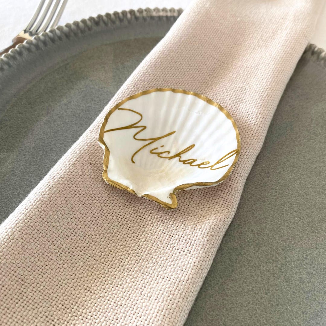 Shell Name Place Card | Gold Rim Shell Name Tag for Wedding ...