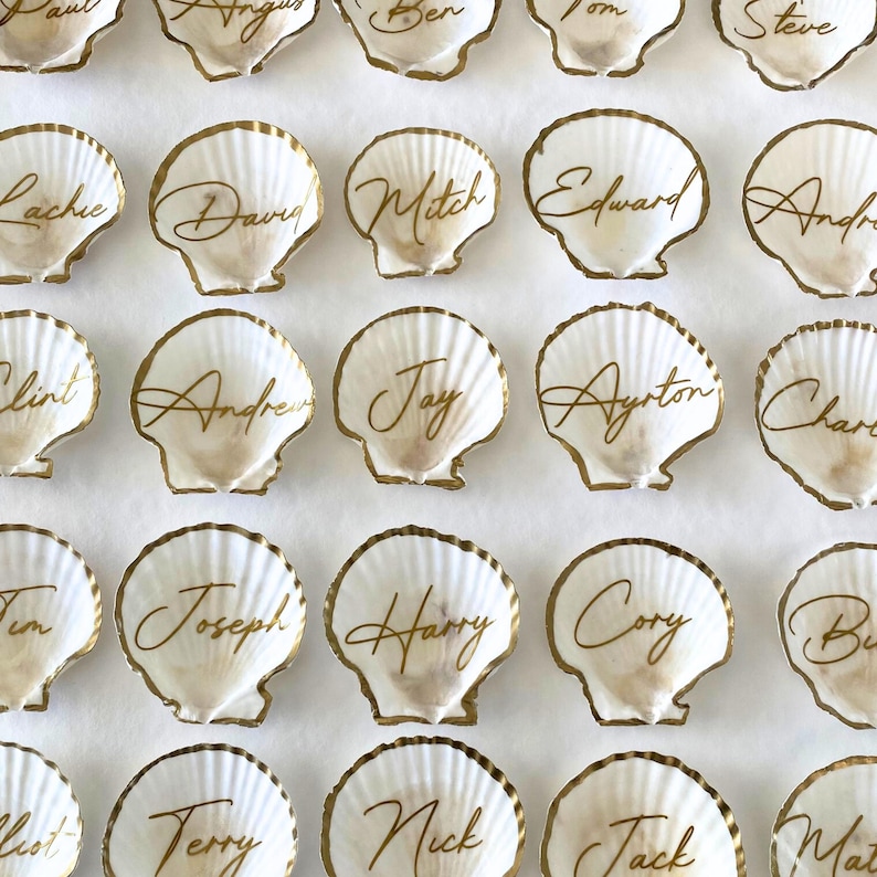 Shell Name Place Card | Gold Rim Shell Name Tag for Wedding ...