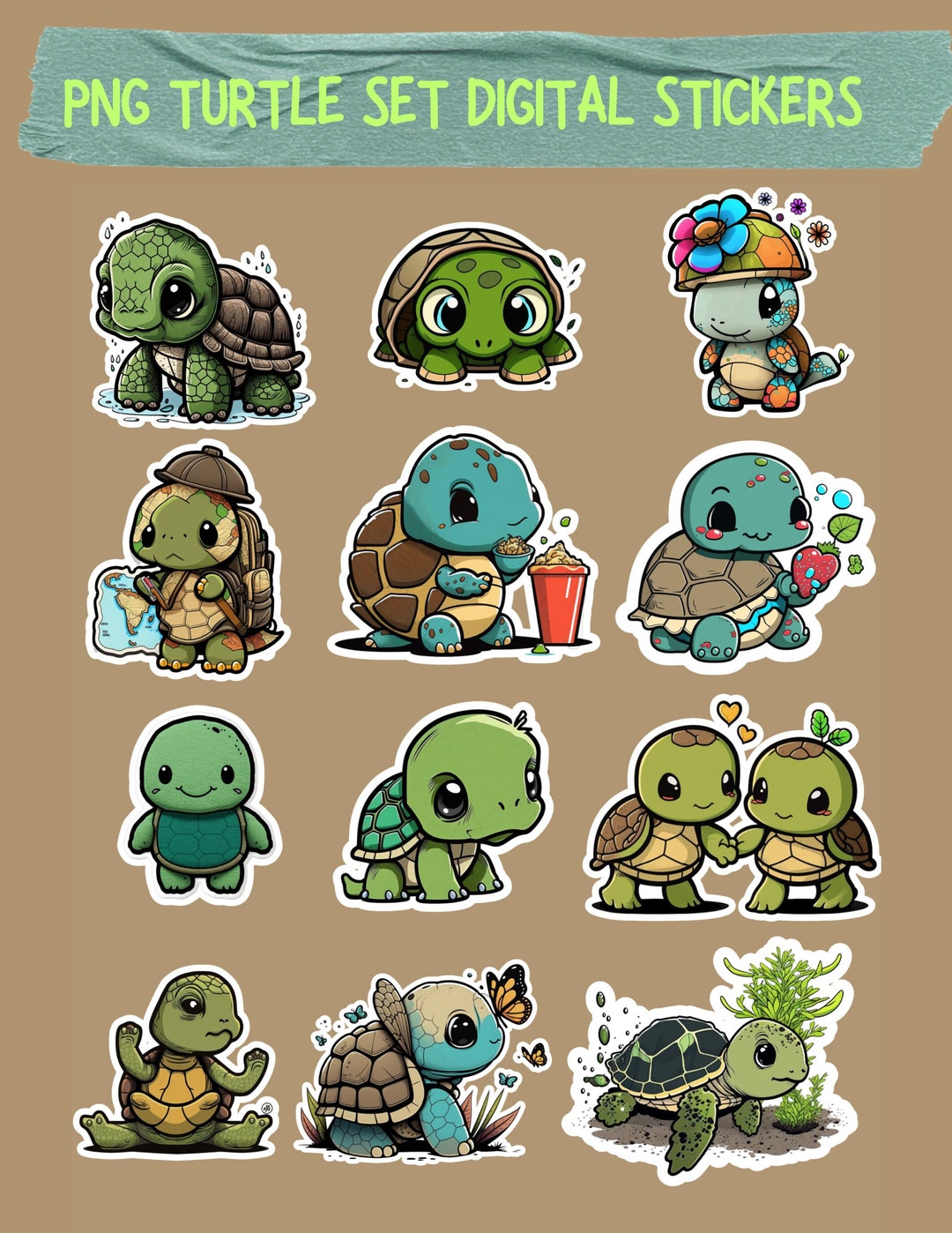 Digital Sticker Turtle Set Turtle Clipart Cute Turtle Stickers PNG - Etsy