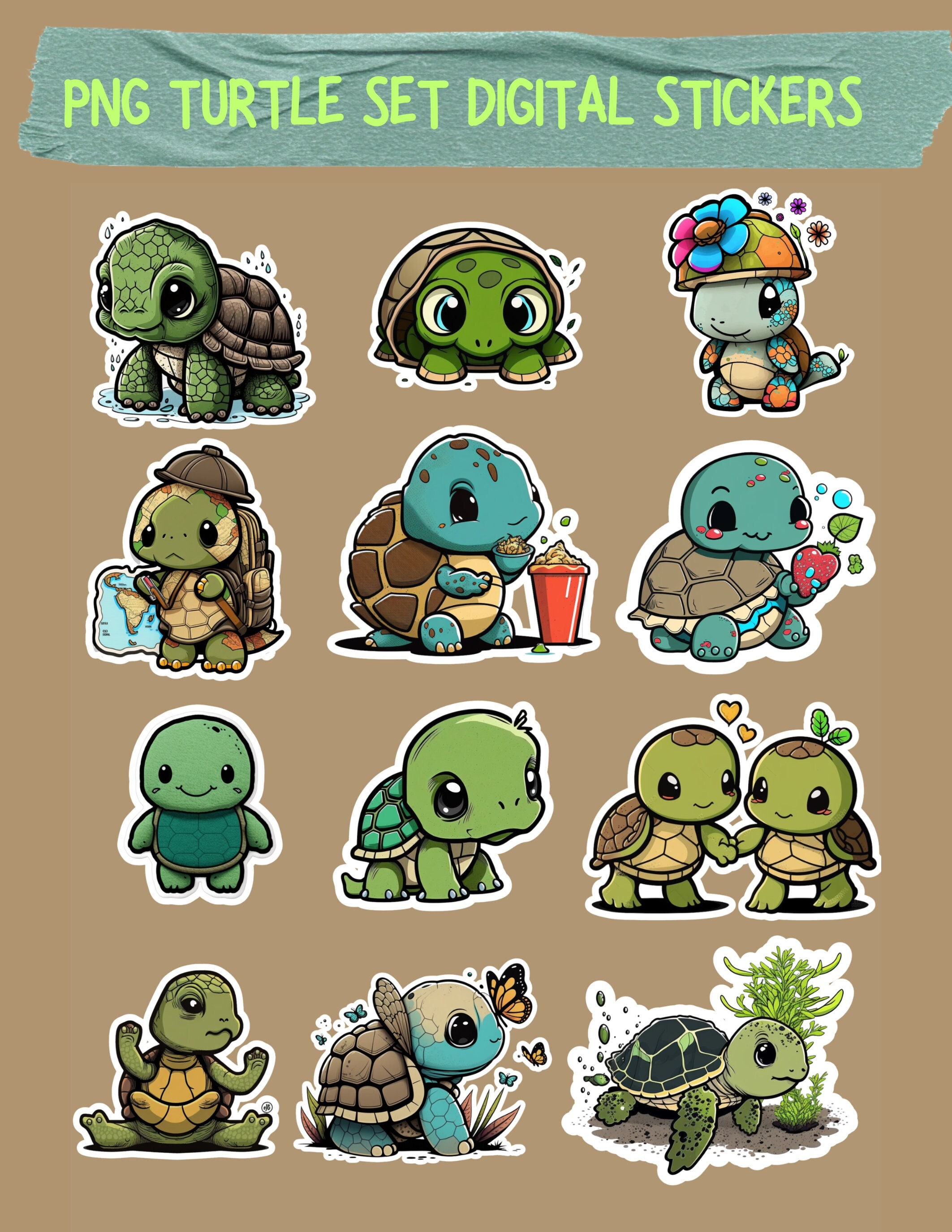 Digital Sticker Turtle Set Turtle Clipart Cute Turtle Stickers PNG - Etsy