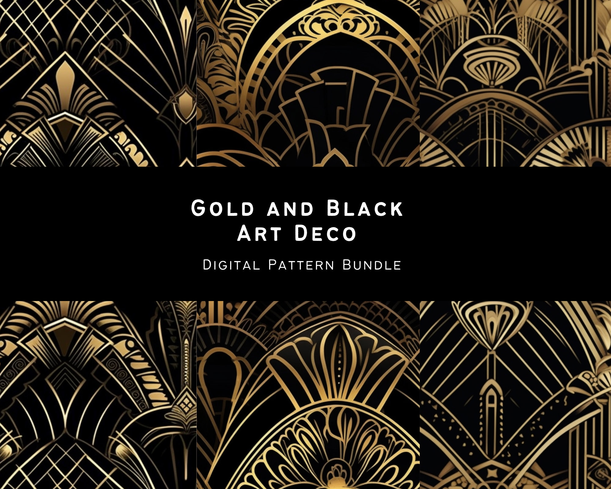 Art Deco Digital Paper, Seamless Retro Art Deco Patterns in Black and ...