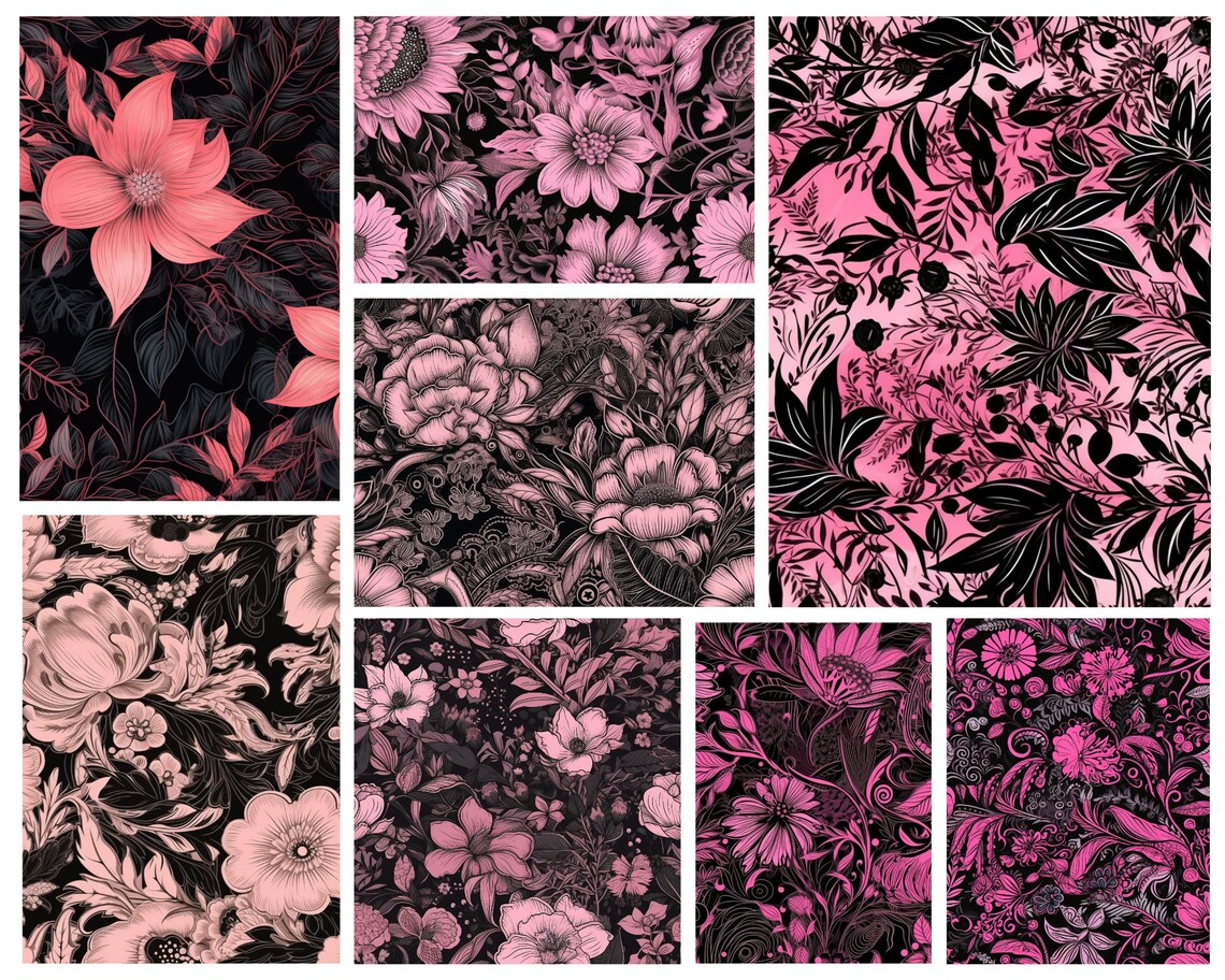 Pink and Black Floral Digital Paper, Black and Pink Seamless Patterns ...