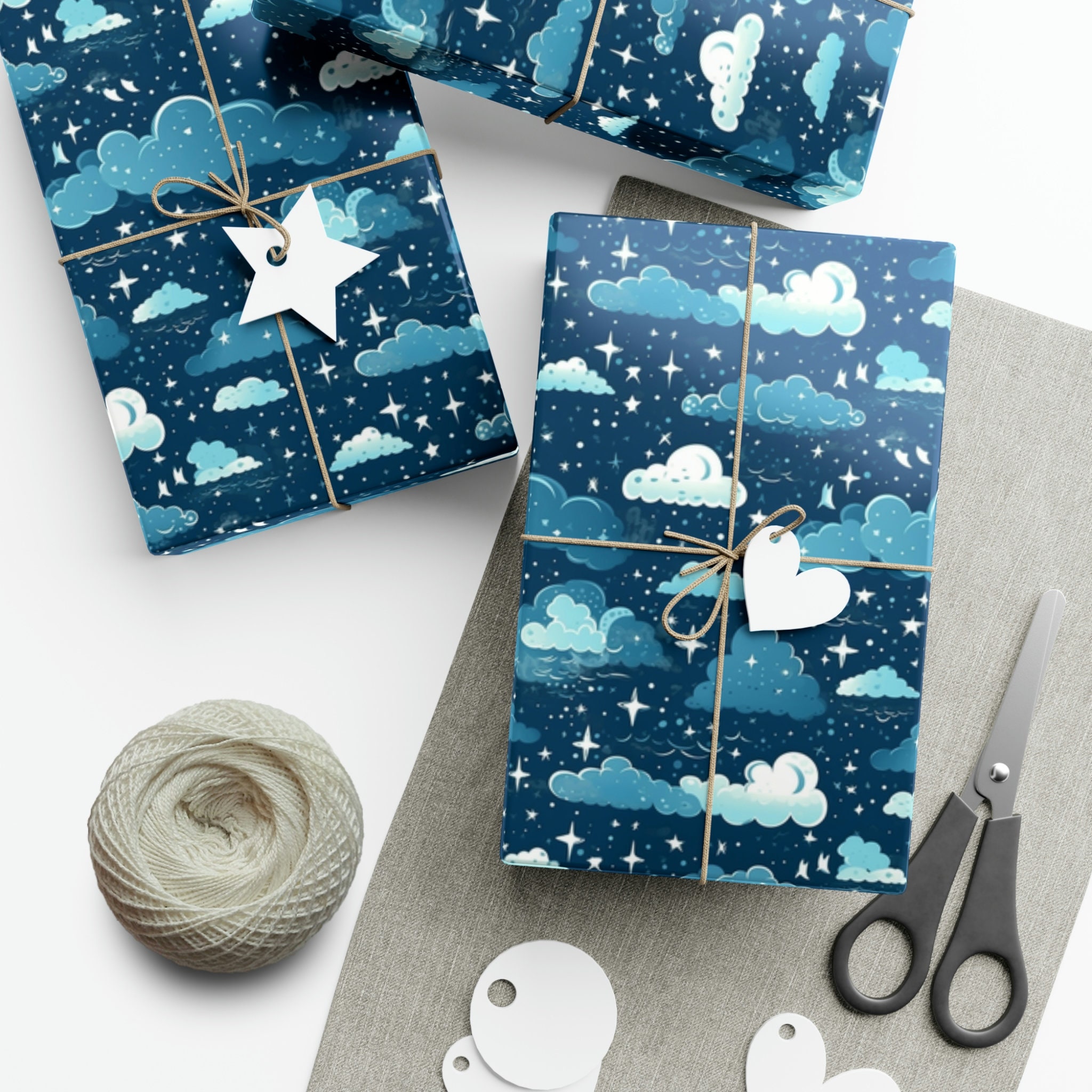 Blue Sky White Stars: Premium Gift Wrap Decorative Repeating - Etsy