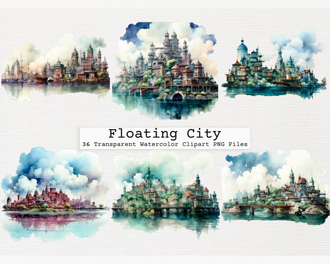 Floating City Clipart Bundle Of 36 Quality Transparent Watercolor Png ...