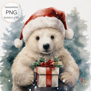 Christmas Polar Bear Clipart, Cute Polar Bear in Santa Hat, Watercolor ...