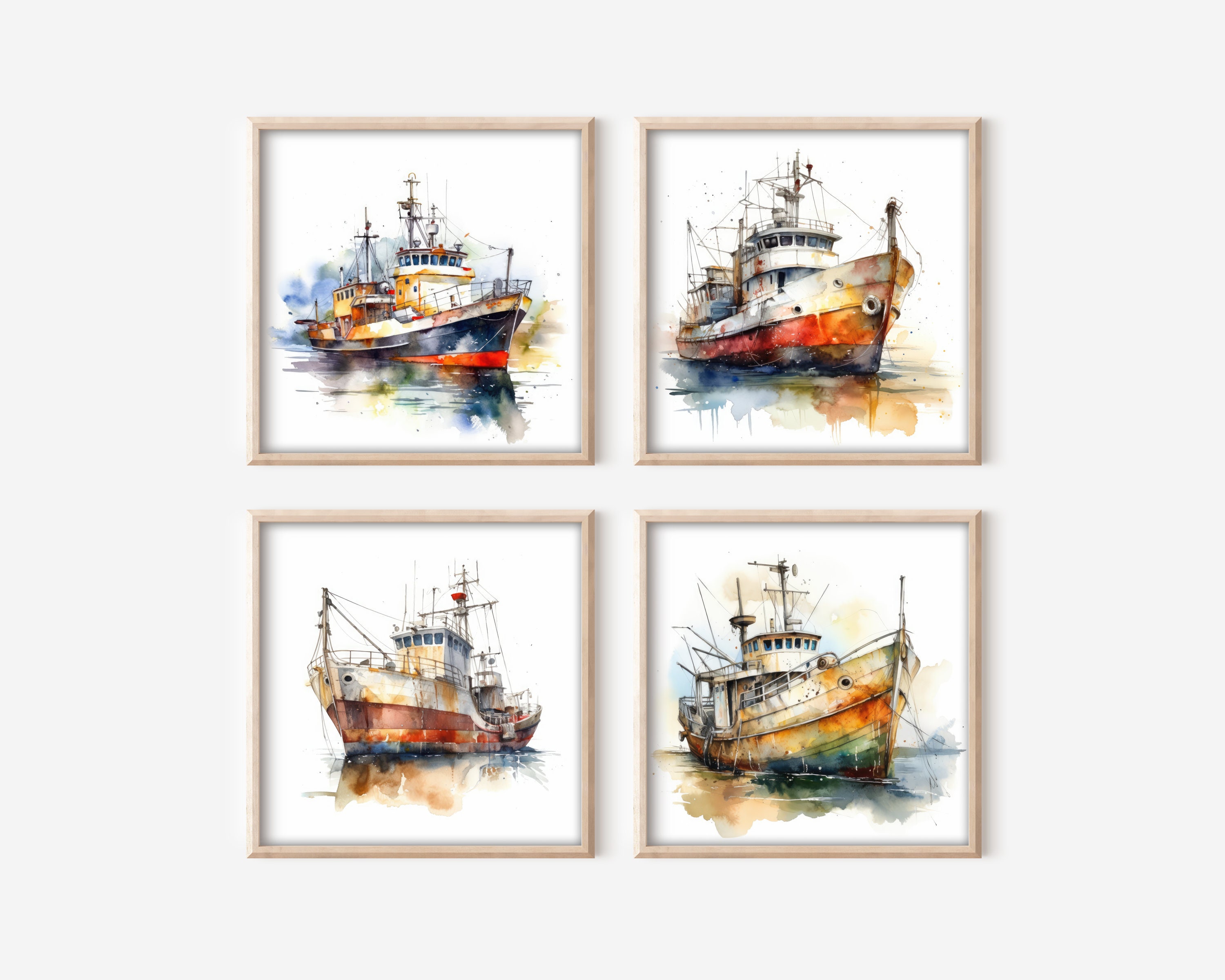 Nautical Trawler Boat Art Printable Clipart, 4 High-resolution Trawler ...