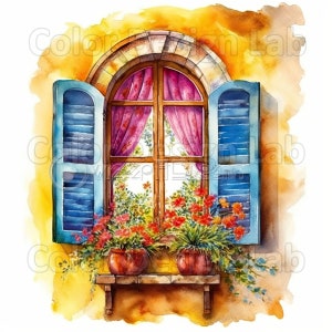 Watercolor Mediterranean Window Art, Scenic View Design, Sunlit Seaside ...