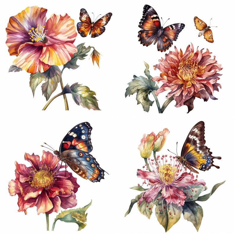 Flower and Butterfly Clipart Set of 12 High-quality Floral - Etsy