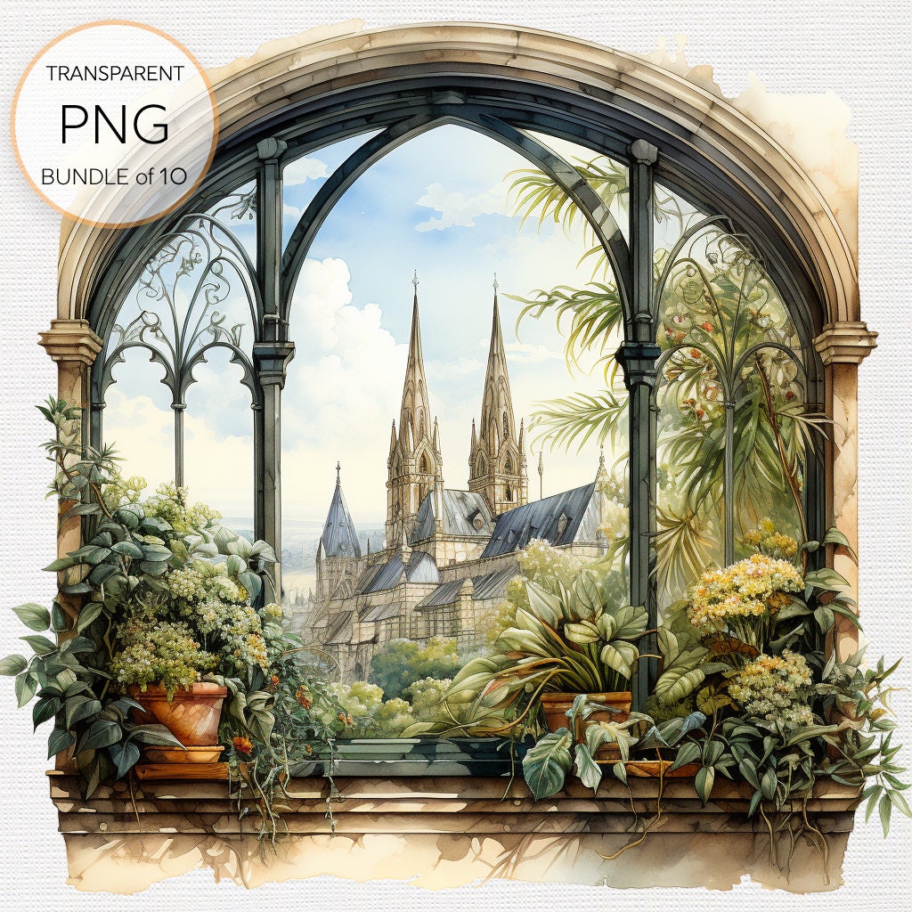Set of 10 Watercolor Victorian Window View Clipart Pngs for Card Making ...