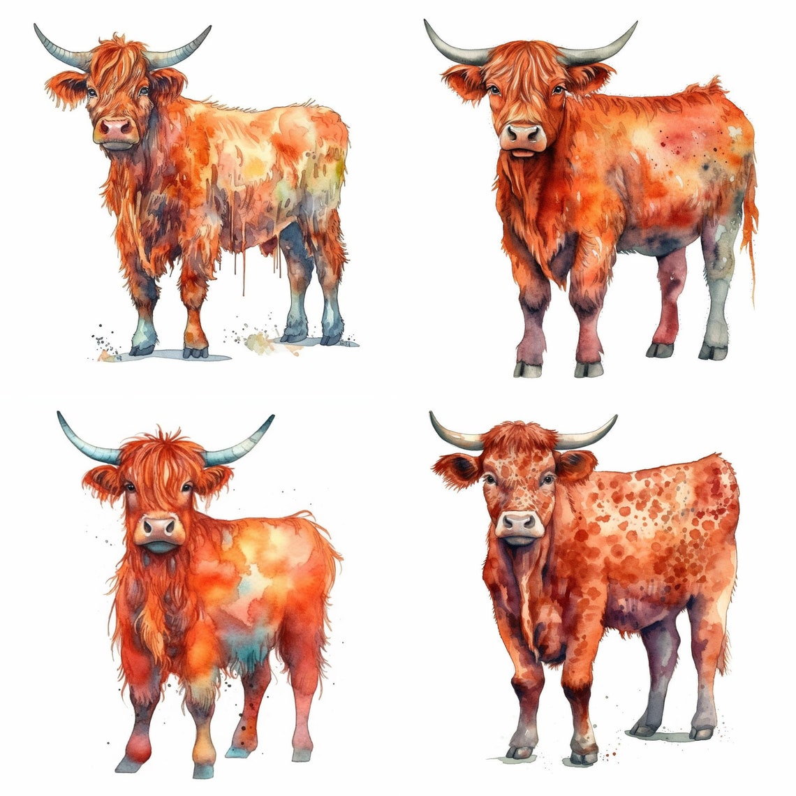 Cartoon Highland Cow Clipart Set of 8 Digital Clip Art PNG - Etsy