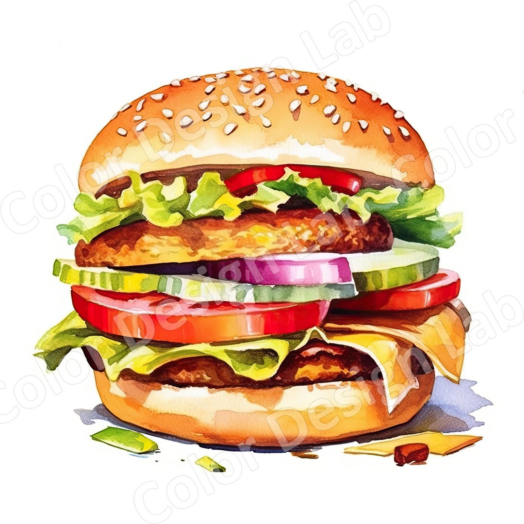 Burger Clipart Design, Hand-drawn Juicy Patty Art, Delicious Bun and ...