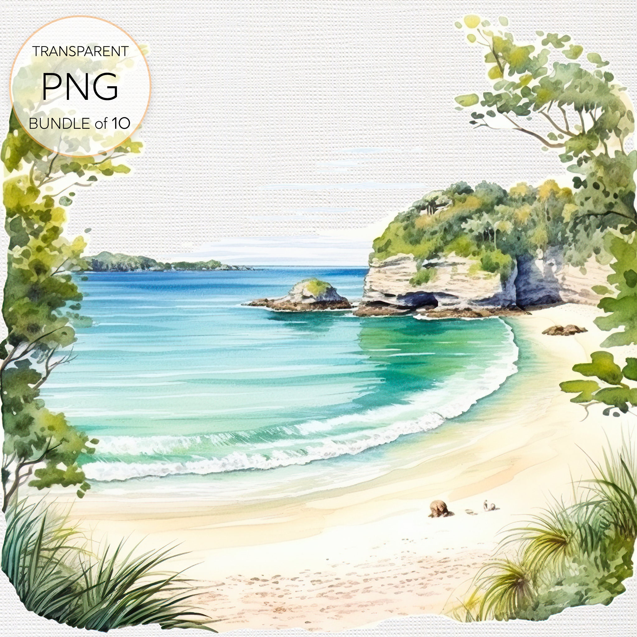 Beach Cove Watercolor Clipart Image, Hand-painted Secluded Shore Design ...