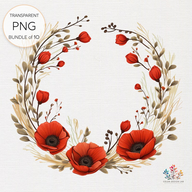 Poppy Wreath Clipart: Bundle of 10 Transparent Pngs, Floral Elegance ...