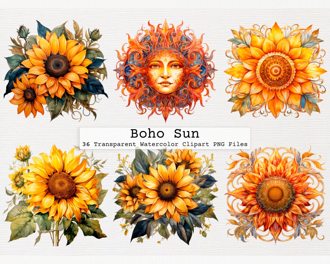 Boho Sun Clipart Bundle of 36 Quality Transparent Watercolor Boho Sun ...