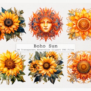 Boho Sun Clipart Bundle of 36 Quality Transparent Watercolor Boho Sun ...
