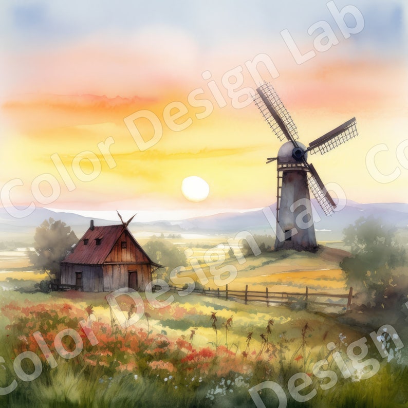 Rustic Windmill Digital Download, Countryside Windmill Art Set of 4 PNG ...