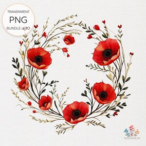 Poppy Wreath Clipart: Bundle of 10 Transparent Pngs, Floral Elegance ...