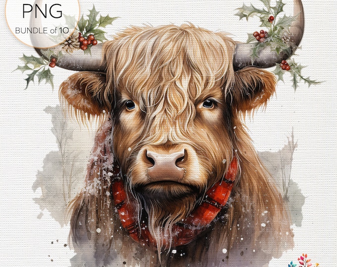Watercolor Christmas Highland Cow Clipart Bundle, Western Cute ...