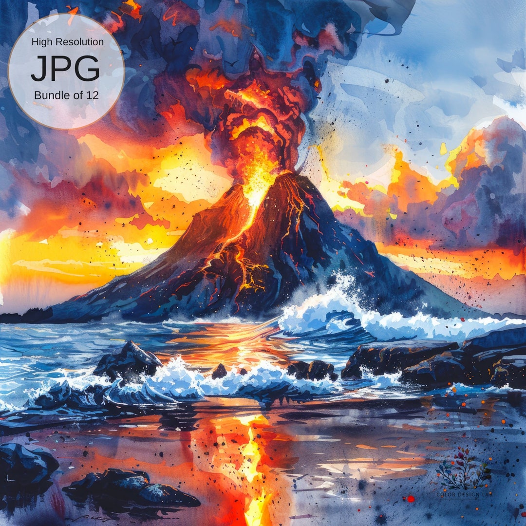 Hawaiian Volcanoes, Volcano Eruption Watercolor Clipart, Digital ...