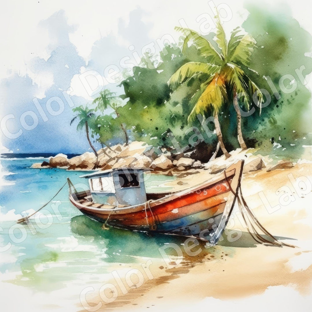 Tropical Beach Boat Scene Printable Wall Art, Set of 8 High-resolution ...