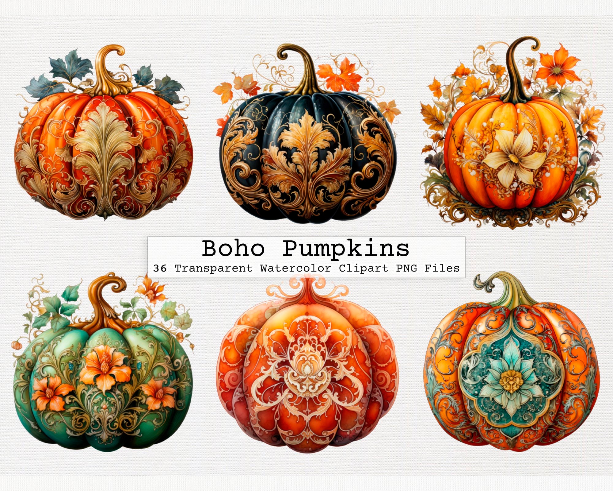 Boho Pumpkin Clipart Bundle of 36 Quality Transparent - Etsy