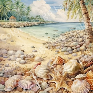 Seashell-strewn Tropical Beach Printable Art Set, 8 High Resolution ...