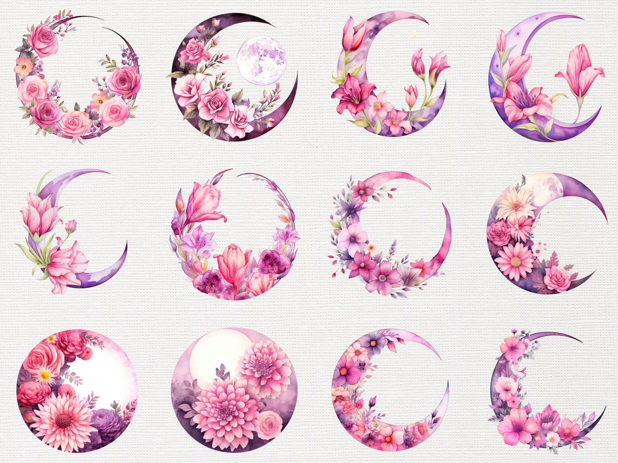 Floral Moon Clipart Watercolor Floral Moon Rose Digital Download PNG ...
