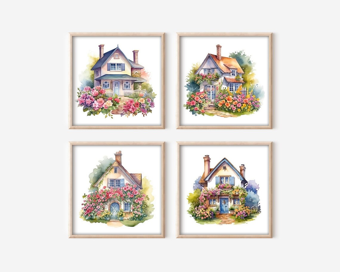 Flower Cottage Printable Clipart Set, 8 High-resolution PNG Art Images ...