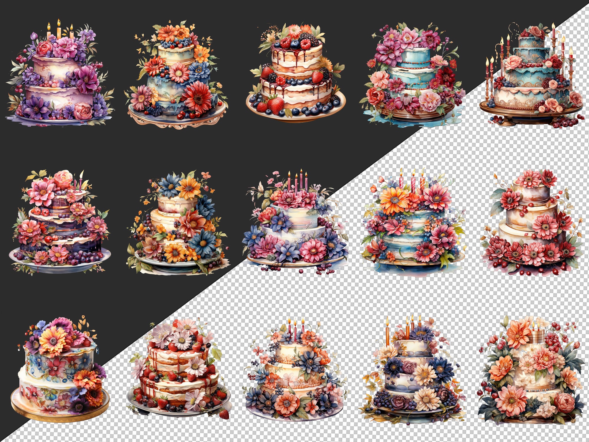 Boho Birthday Cake Clipart Bundle of 36 Quality Transparent Watercolor ...