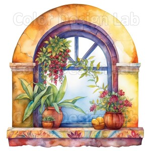 Watercolor Mediterranean Window Art, Scenic View Design, Sunlit Seaside ...
