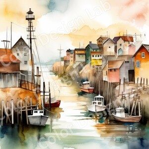 Picturesque Fishing Harbor Printable Clipart Set, 8 High-resolution ...
