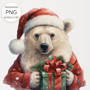 Christmas Polar Bear Clipart, Cute Polar Bear in Santa Hat, Watercolor ...