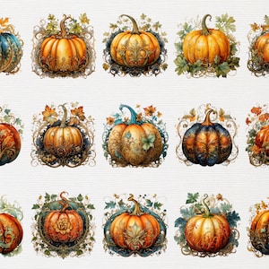 Boho Pumpkin Clipart Bundle of 36 Quality Transparent Watercolor Png ...